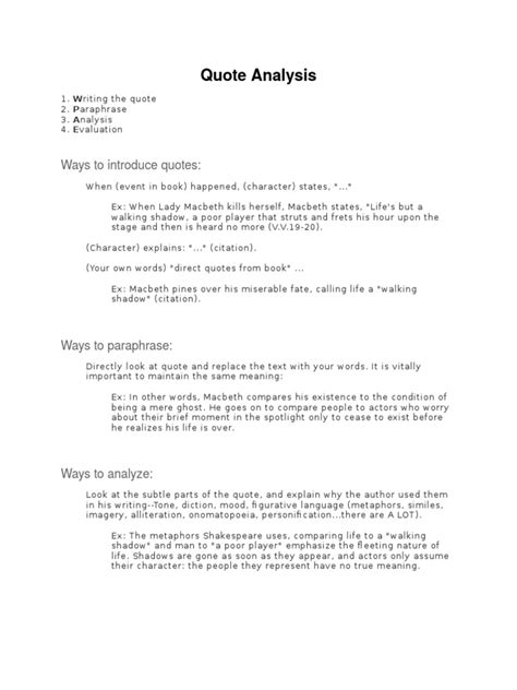 Quote Analysis Worksheet Macbeth Fiction And Literature