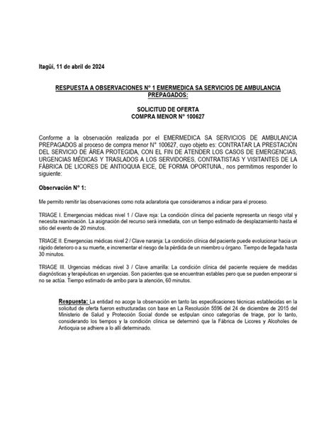 Respuesta Observaciones N 1 Emermedica Sa Cm 100627 Pdf