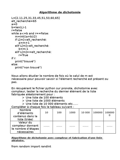 Dichotomie Avec Compteur Liste Aléatoire 3 Pdf