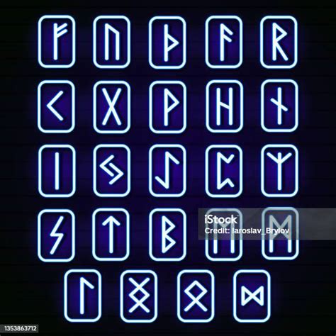 고대 북유럽 룬 세트 룬 알파벳 Futhark 고대 신비의 상징 벡터 그림입니다 네온 색상의 오래된 독일어 문자 0명에 대한 스톡 벡터 아트 및 기타 이미지 Istock