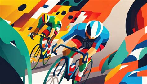 Bicycle Race In The Style Of Bright Geometric Abstractions By Generative Ai Stock Illustration