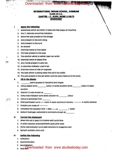 Cbse Class 7 Science Acids Bases And Salts Worksheet Set B Pdf