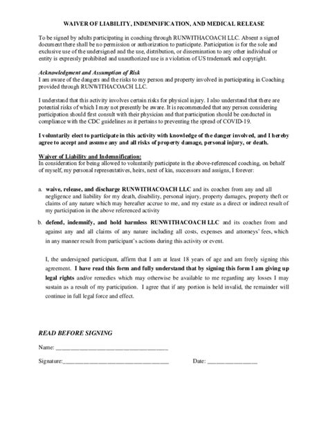 Fillable Online Waiver Indemnification And Release Of All Liability