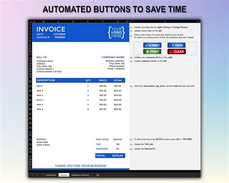 Excel Invoice Template Automated Invoice Spreadsheet Editable Invoice