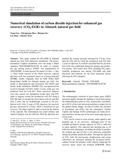 Pdf Numerical Simulation Of Carbon Dioxide Injection For Enhanced Gas Recovery Co2 Egr In
