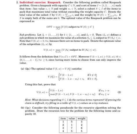 Individual Exercise Knapsack Consider The Following Chegg