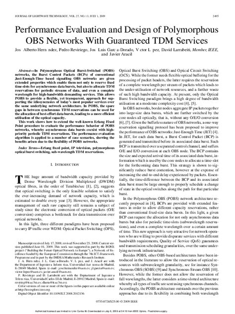 Pdf Performance Evaluation And Design Of Polymorphous Obs Networks With Guaranteed Tdm Services
