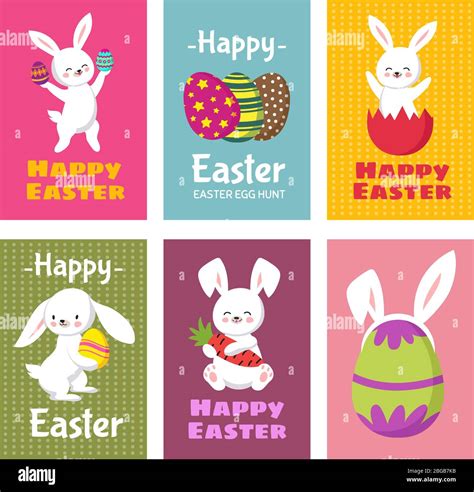 Happy Easter Vector Greeting Cards With Cartoon Bunny Rabbit And Easter