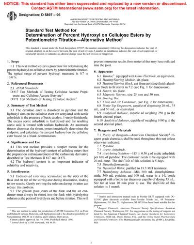 ASTM D5897 96 Standard Test Method For Determination Of Percent Hydroxyl On Cellulose Esters