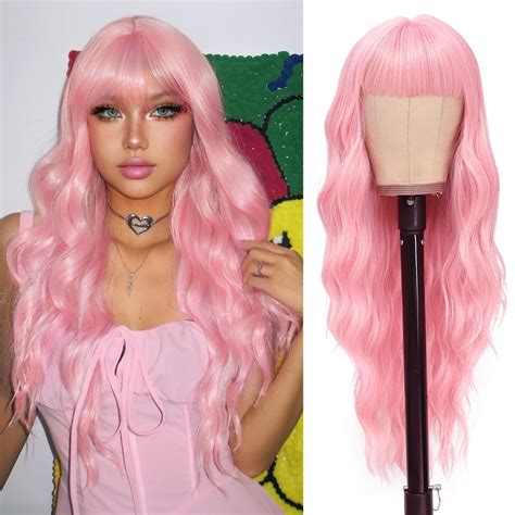 Nayoo Pink Wigs With Bangs For Women Long Curly Wavy Hair