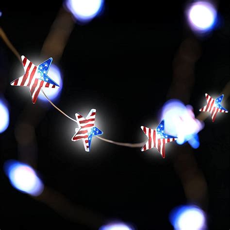 Kiplyki Independence Day Red White Blue Star And Flag Lights Battery
