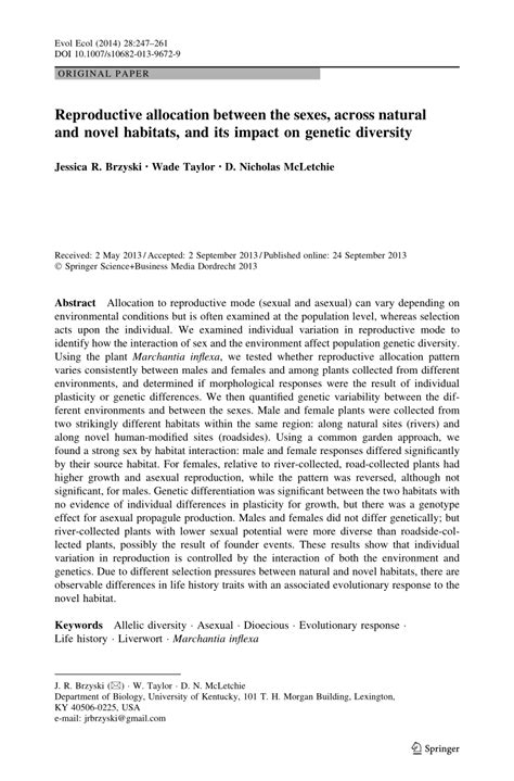 Pdf Reproductive Allocation Between The Sexes Across Natural And