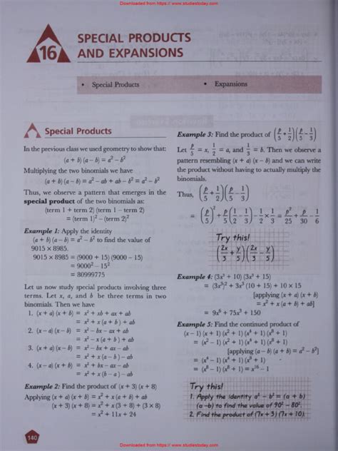 Icse Class 8 Maths Algebra Chapter 16 Special Products And Expansions Pdf