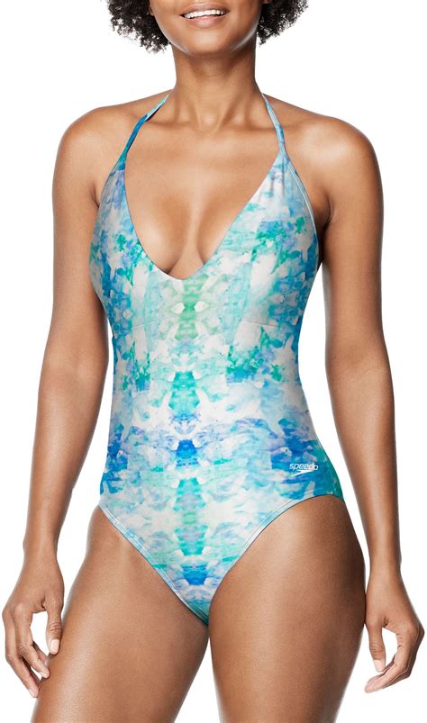 Speedo Womens V Neck Halter One Piece Swimsuit Bright Cobalt 14