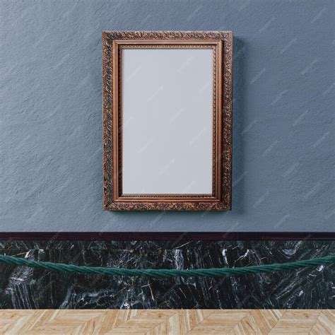 빈 그림 프레임 박물관 디스플레이 파란색 벽과 나무 바닥 3d 렌더링 프리미엄 사진