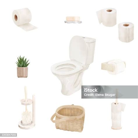 변기 화장지 화장실 솔 수채화 디지털 일러스트레이션 화장실 세트는 흰색 배경에 고립되어 있습니다 비누 화장지 홀더 실내 꽃을 냄비에 넣어 인테리어 디자인 가사 집안일에 대한