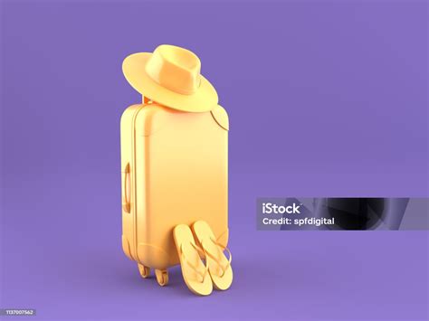 3d 렌더링 보라색 배경 빈 공간 파스텔 색상에 모자를 통해 고립 된 최소한의 패션 노란색 여행 가방 짐 싸기에 대한 스톡 사진 및 기타 이미지 Istock