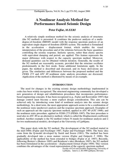 Methodolgy A Nonlinear Analysis Method For Performance Based Seismic