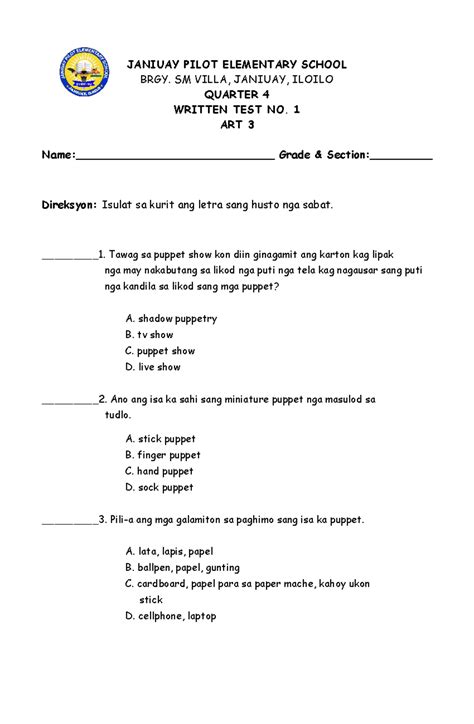 Quarter Lecture Notes Janiuay Pilot Elementary School Brgy Sm