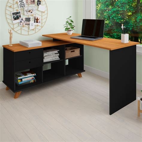 Mesa Escrivaninha Em L Retrô 2 Gavetas 5 Nichos Gold Artany Móveis