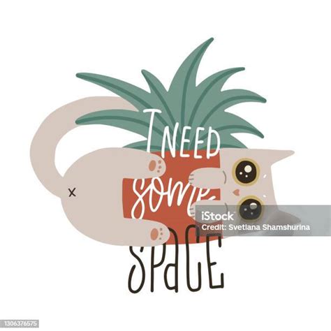 유죄 고양이 거짓말과 레터링 인용과 집 식물 냄비를 들고 나는 몇 가지 공간 제목이 필요합니다 재미있는 큰 눈 캐릭터 격리 된 인쇄 개념 플랫 벡터 손 그린 그림 0명에