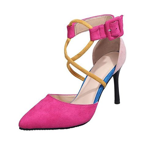Jikolililili Womens Casual Velvet Bun Head Color Block Strap High Heel Buckle Sandals Women