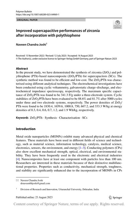 Improved Supercapacitive Performances Of Zirconia After Incorporation With Polythiophene