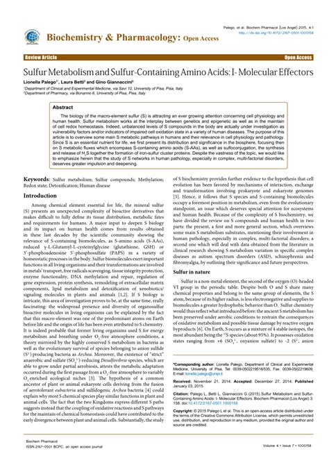 Pdf Sulfur Metabolism And Sulfur Containing Amino Acids I Molecular Effectors