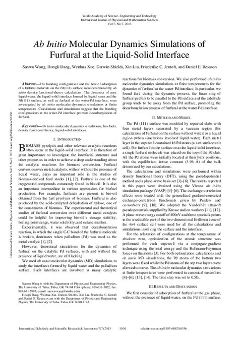 Pdf Ab Initio Molecular Dynamics Simulations Of Furfural At The