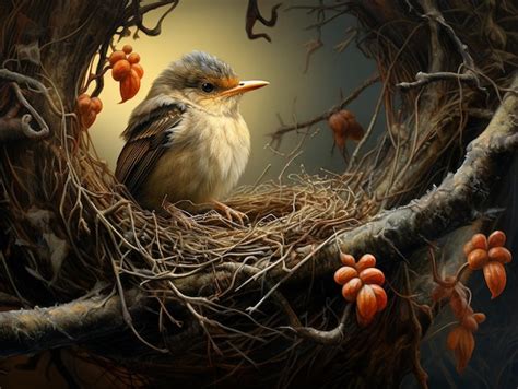 Premium AI Image Bird Sitting In A Nest On A Tree Branch