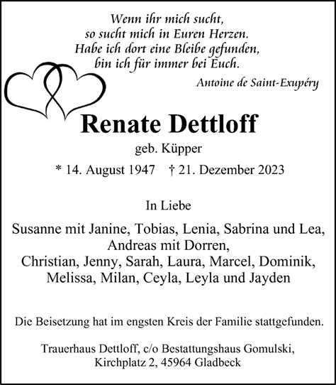 Traueranzeigen Von Renate Dettloff Trauer In NRW De