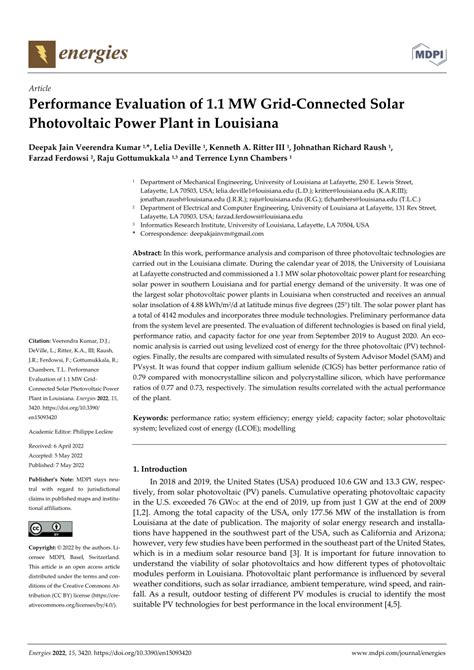 Pdf Performance Evaluation Of 11 Mw Grid Connected Solar Photovoltaic Power Plant In Louisiana