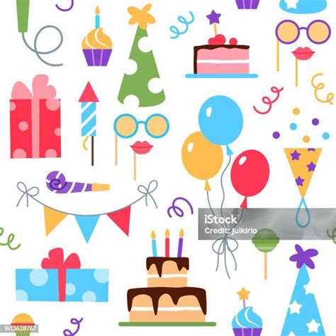 생일 파티 축하 원활한 패턴 타일 디자인 흰색 배경에 다채로운 축제 요소 풍선 불꽃 놀이 선물 케이크 컵 케이크 포장지 벽지는 아트 벡터 일러스트레이션을 반복합니다 공휴일에
