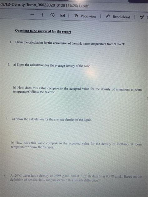 Solved CHM Experiment DENSITY AND TEMPERATURE Chegg Com