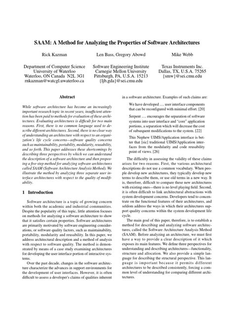 Saam A Method For Analyzing The Properties Of Software Architectures Pdf Software