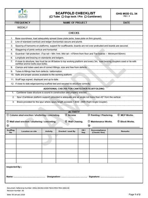 32 Checklist Scaffold Checklist Ohs Mod Cl 34 Pdf Scaffolding