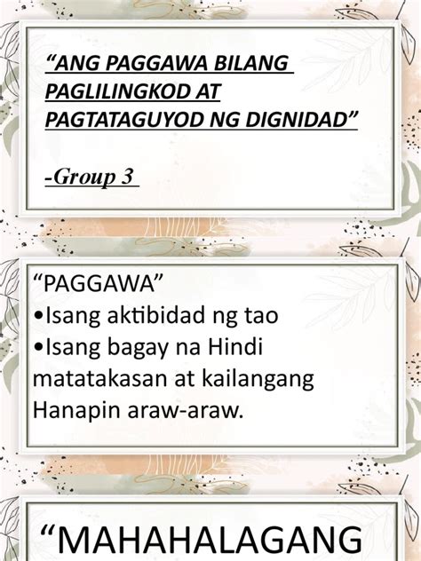 Ang Paggawa Bilang Paglilingkod At Pagtataguyod Ng Dignidad Pdf