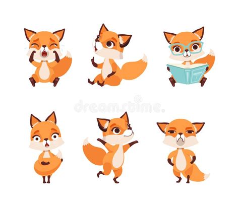 Cute Emotional Fox Cub In Different Activities Set Cartoon Vector