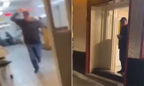 Moment Kebab Shop Worker Chases Two Men Out Of The Store Armed With A