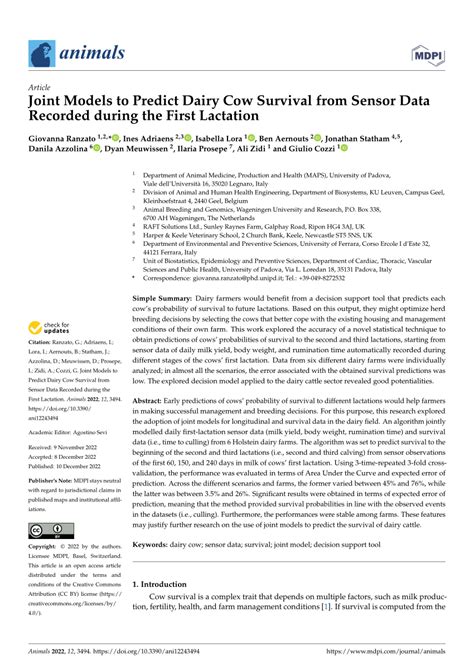 PDF Joint Models To Predict Dairy Cow Survival From Sensor Data Recorded During The First