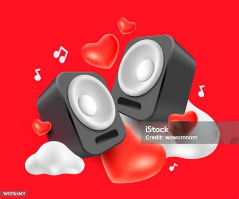 흰색과 검은색 음악 스피커의 벡터 음악 그림은 빨간색 배경에 구름과 심장이 있다 스피커의 3d 작풍 디자인 기치에 대한 음악