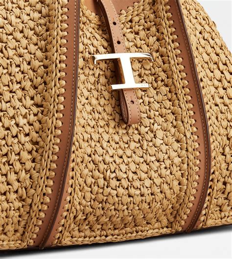 Woman Multicolour T Timeless Shopping Bag In Raffia And Leather Medium