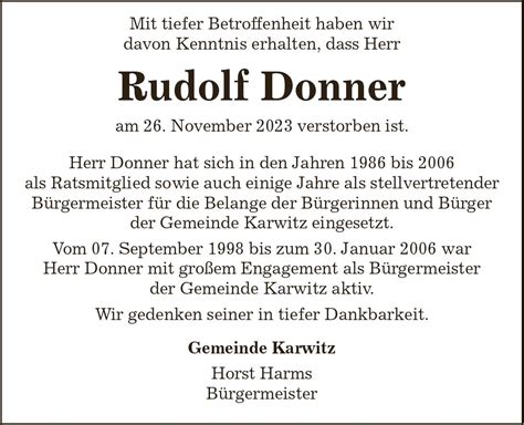 Das Trauerportal für Lüchow Dannenberg Todesanzeigen Rudolf Donner