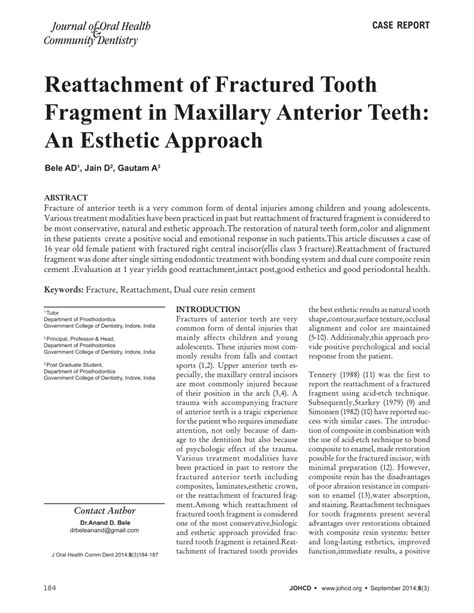 Pdf Reattachment Of Fractured Tooth Fragment In Maxillary Anterior Teeth An Esthetic Approach
