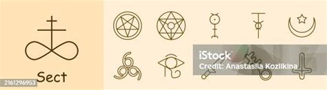 섹트 세트 아이콘입니다 오각형 Baphomet의 인장 의식 단검 희생 거꾸로 된 십자가 사탄 666 눈 열쇠 별이 있는 초승달 무한대 기호 숭배 설득 컬트 개념 0명에 대한