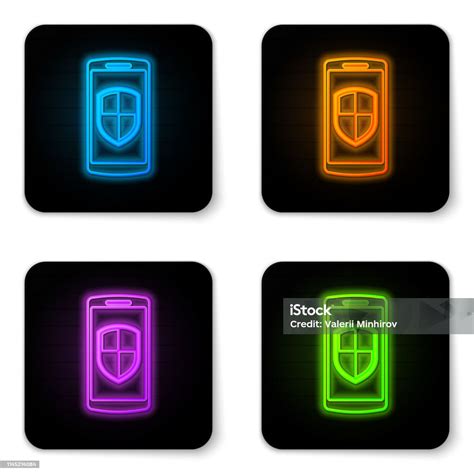 빛나는 네온 스마트 폰 흰색 배경에 고립 된 보안 방패 아이콘 휴대 전화 검은색 사각형 단추입니다 벡터 일러스트 0명에 대한 스톡 벡터 아트 및 기타 이미지 Istock