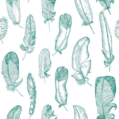 완벽 한 패턴 격리 된 배경에 새 깃털의 현실적인 스케치 자세한 잉크 라인 펜 클립 아트 흑백 Boho 클립 아트 손으로 그린 조각 스타일 깃털 빈티지 벡터 프리미엄 벡터