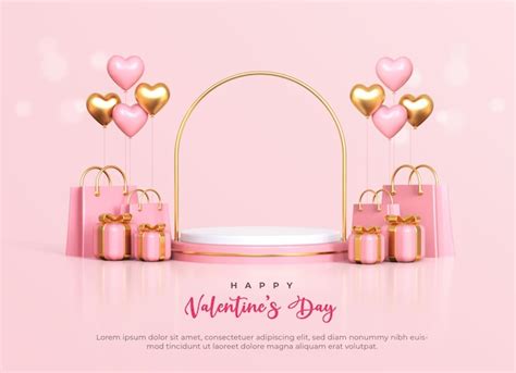 3d 빈 연단과 낭만적인 발렌타인 장식으로 해피 발렌타인 데이 프리미엄 Psd 파일