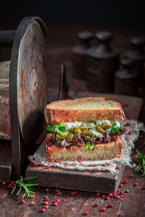 Sandwich With Shredded Beef And Gherkin With Sauce Stock Image Image Of Pulled Gherkin 213804757