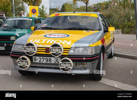 Detail Of A Classic Peugeot 405 Tuned And Full Of Racing Stickers Stock